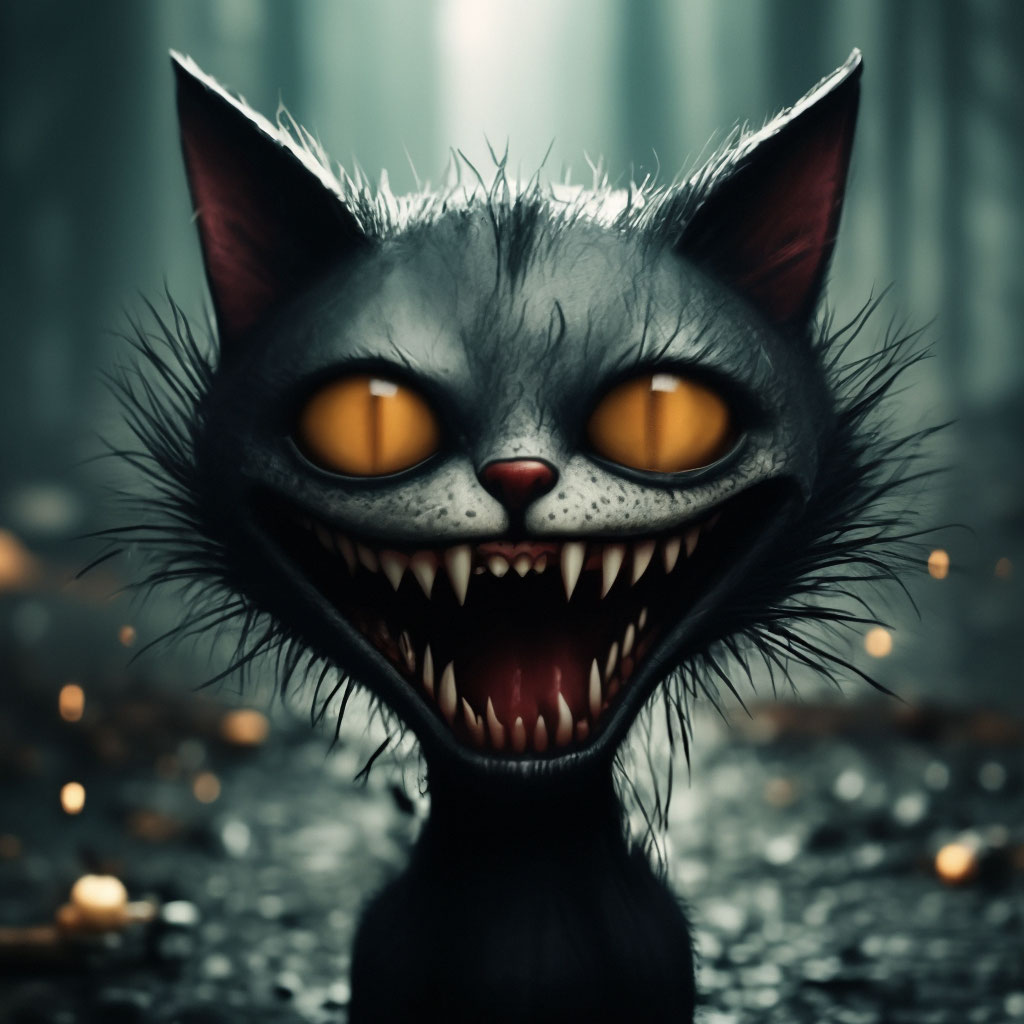 "Toothy creepy cat" — image created in Shedevrum