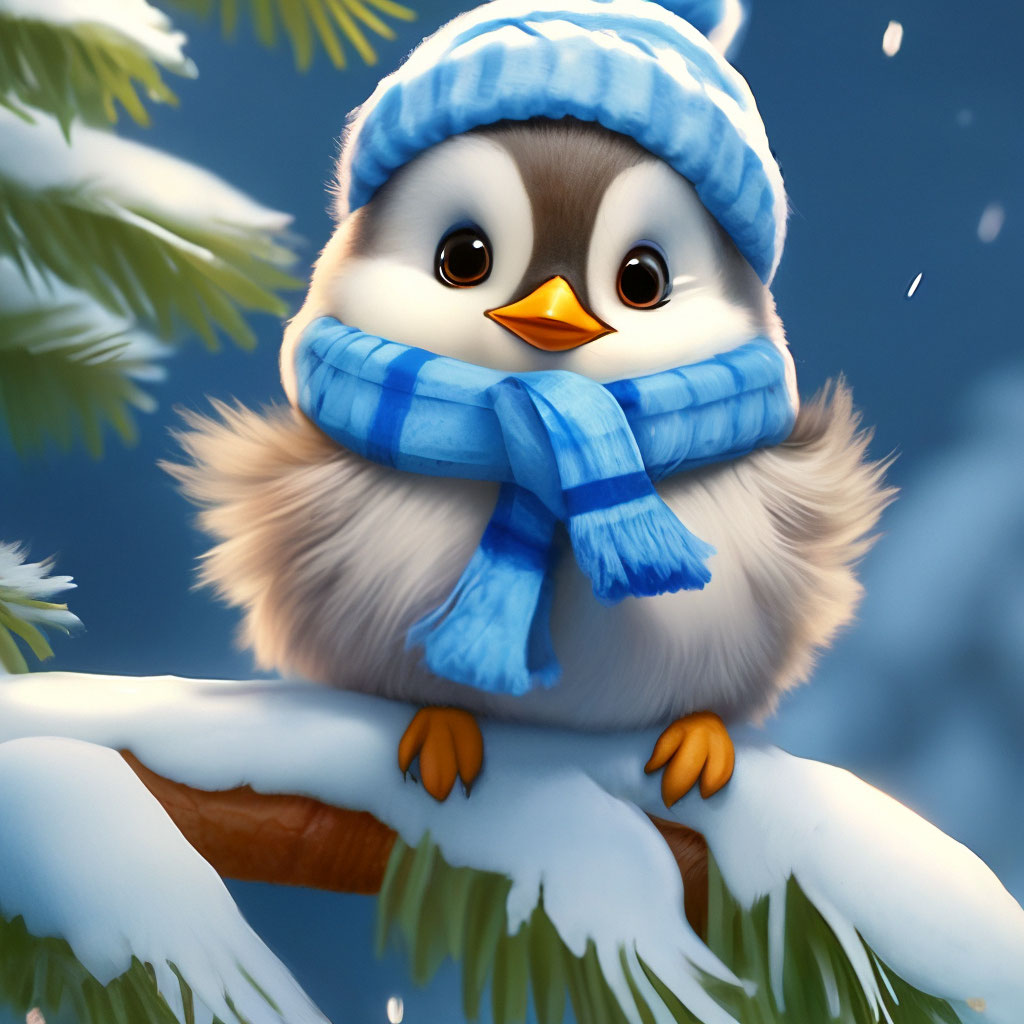 "A very cute bright blue cartoon chickadee in a blue + white cap and ...