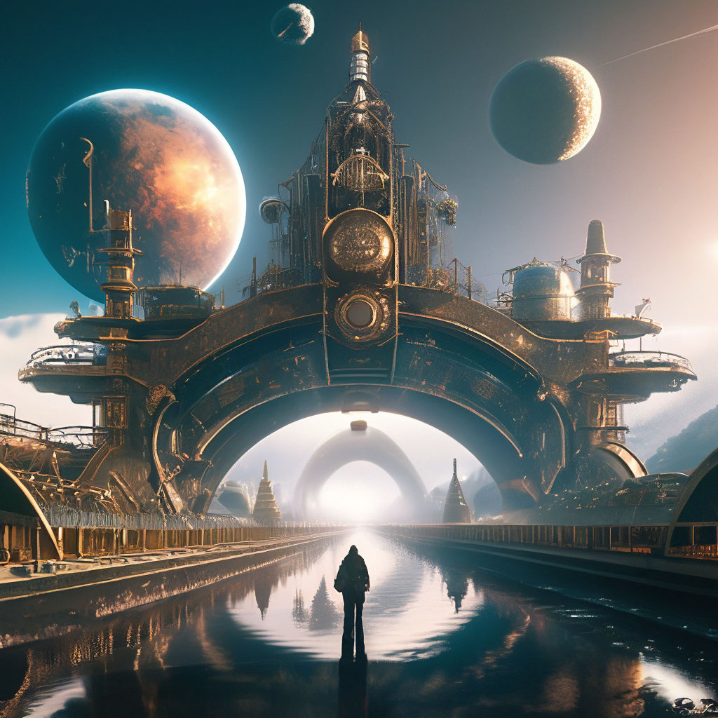 "Steampunk space bridge between planets" — image created in Shedevrum
