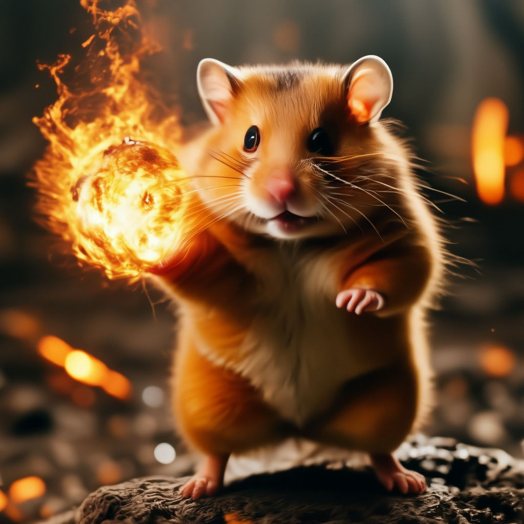 "The demon hamster throws a fireball at the camera" — image created in ...