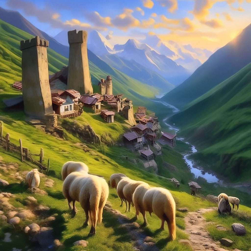 "North Caucasus, Chechnya, mountain village, stone towers, four faces ...