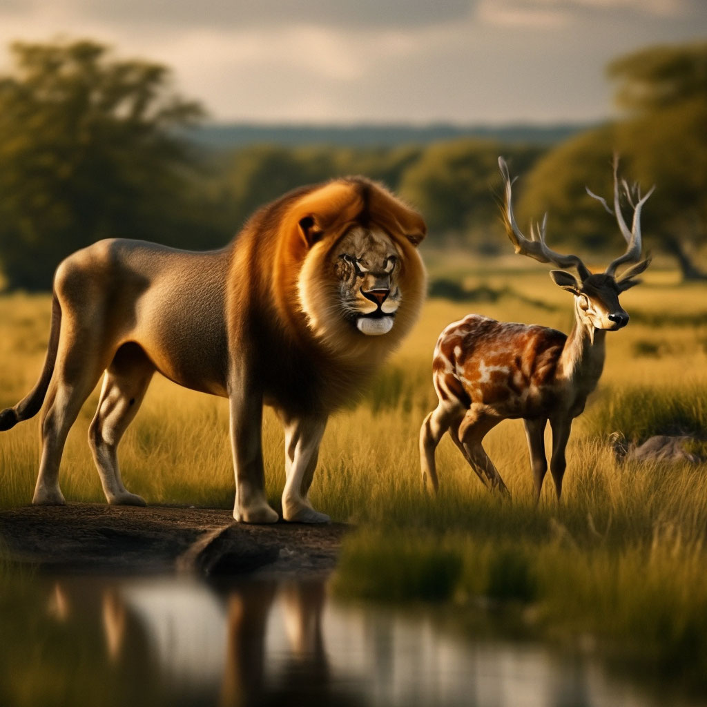 "Lion and fallow deer grazing in a meadow near a stream, aesthetically ...