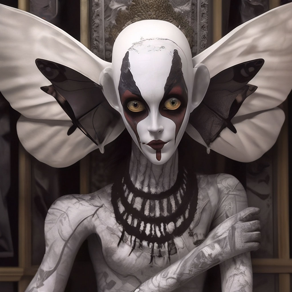 "Moth man puppet voodo mummy in bandages, grey harlequin, eyes on the ...