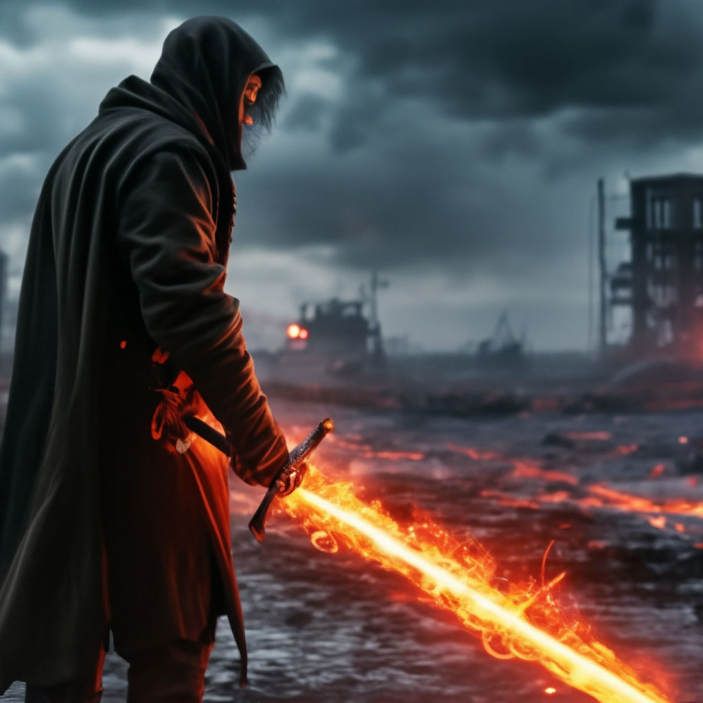 "A man with a fiery sword against a man with an ice sword, comic ...