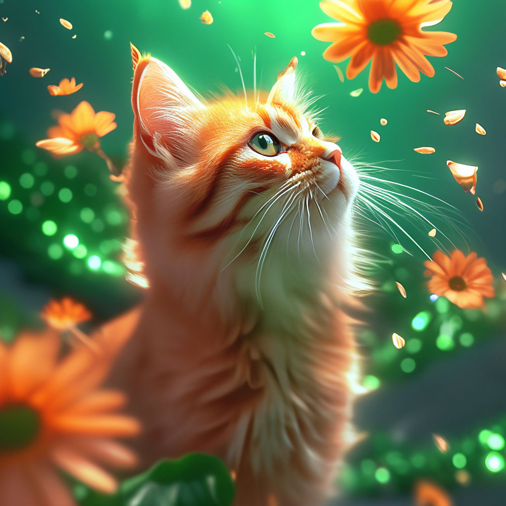 "Tangerine cat with green flying leaves and daisies, hyper realistic ...