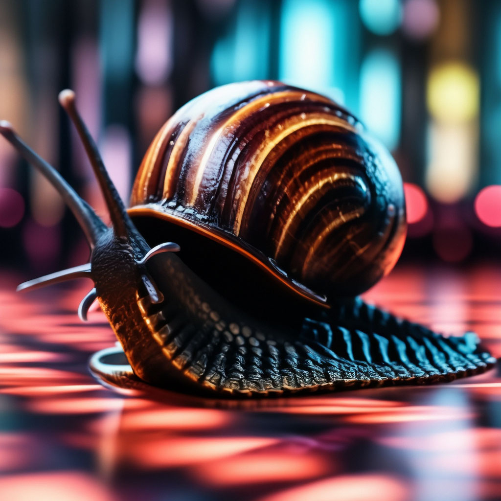 "A big snail in velvet pulls on the dance floor" — image created in ...