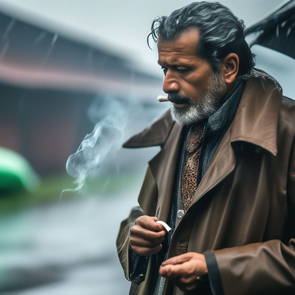 "A tired man in a coat smokes in the rain, the rain flows down on him ...