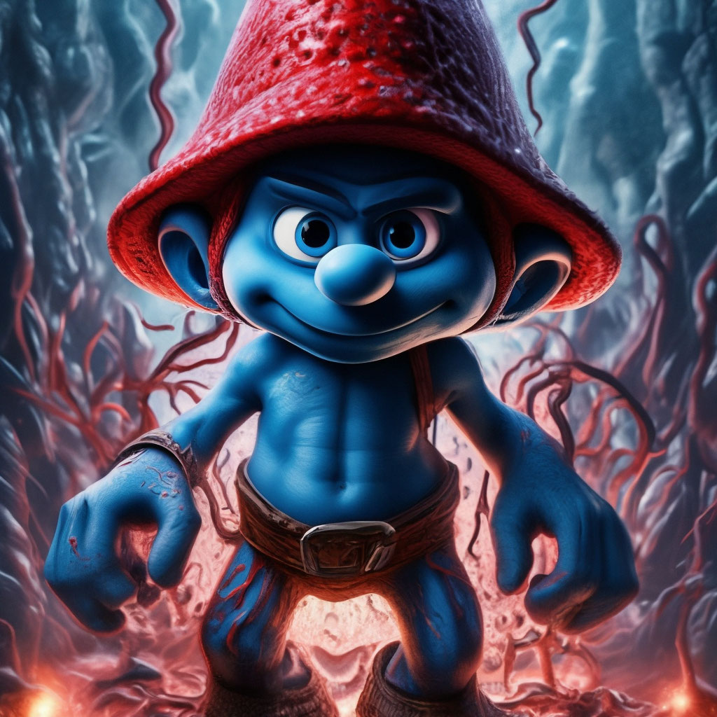 "Smurf, full-length, engraving, color illustration, horror aesthetics ...