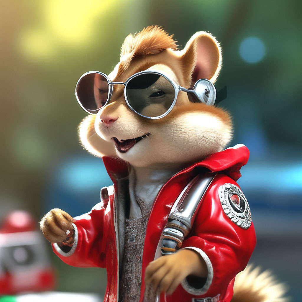 "Anthropomorphic chipmunk, in silver sunglasses, radio, full-face ...