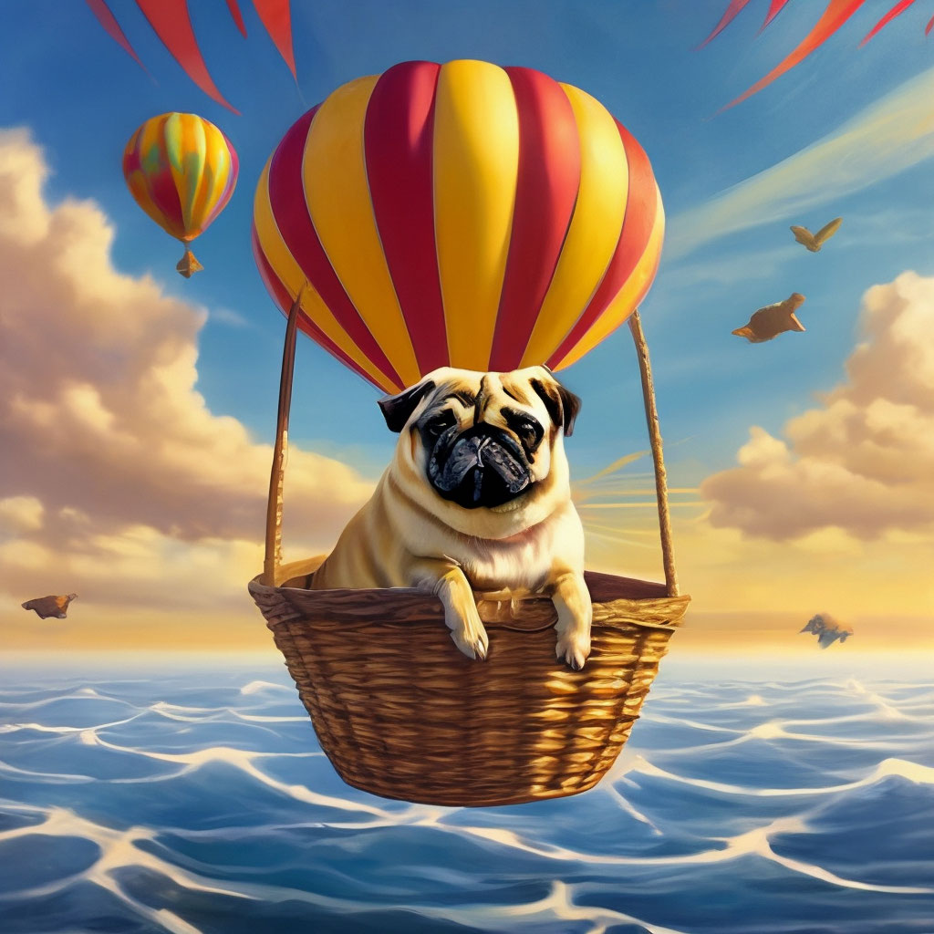 "A pug floats on the sea in a hot air balloon" — image created in Shedevrum