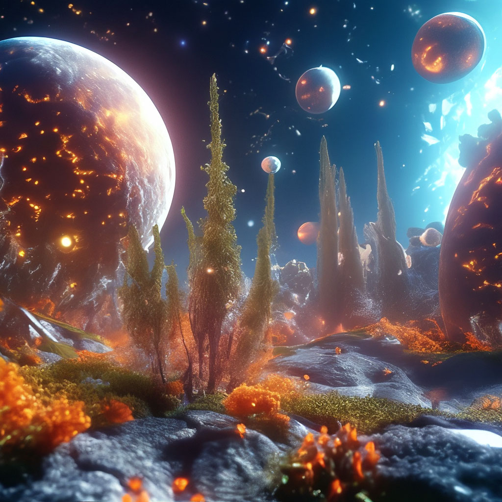 "Stardust,3d, volumetric, the origin of the planet, the origin of flora ...