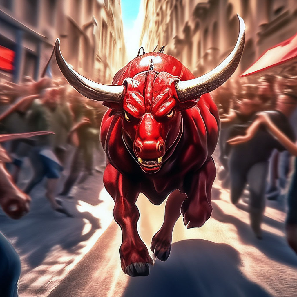 "Raging bull, red eyes, sharp horns, rapidly running down a narrow ...