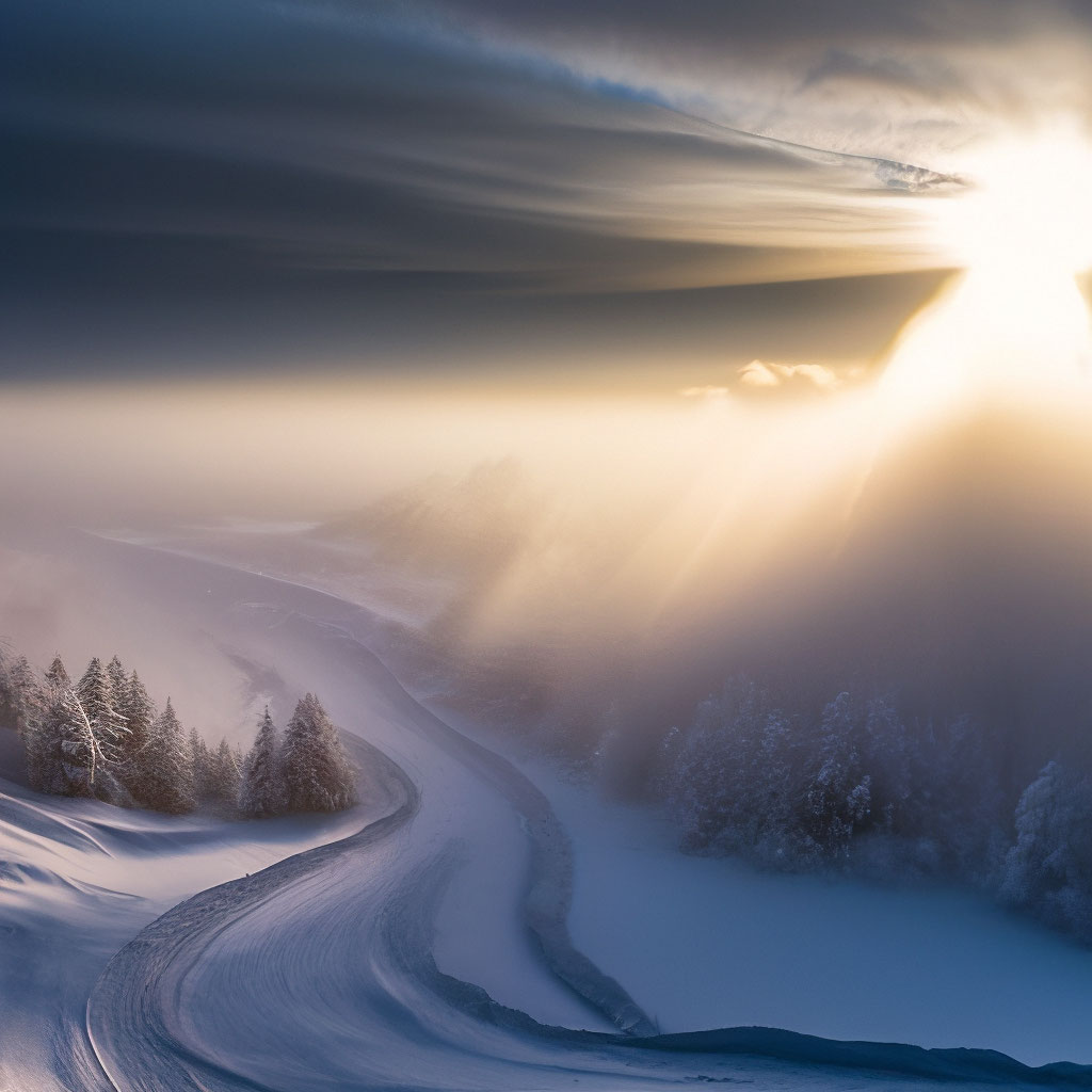 "The storm covers the sky with mist, Swirling snow eddies ...