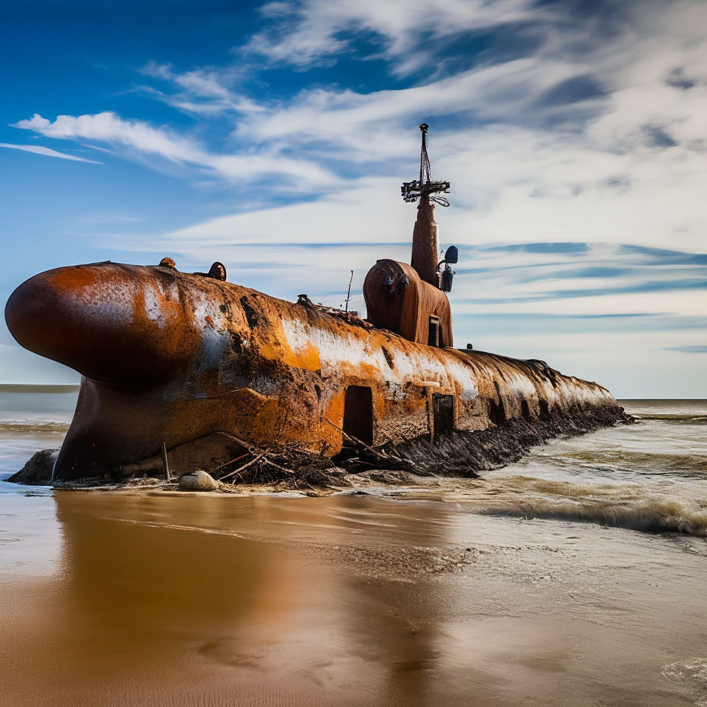 "A rusty submarine washed ashore." — image created in Shedevrum