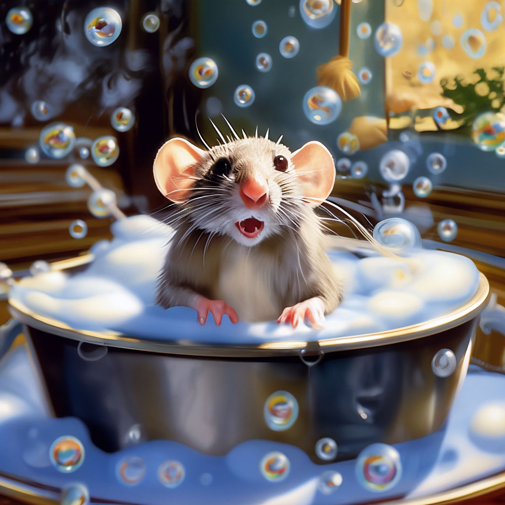 "A rat bathes in a bubble bath" — image created in Shedevrum