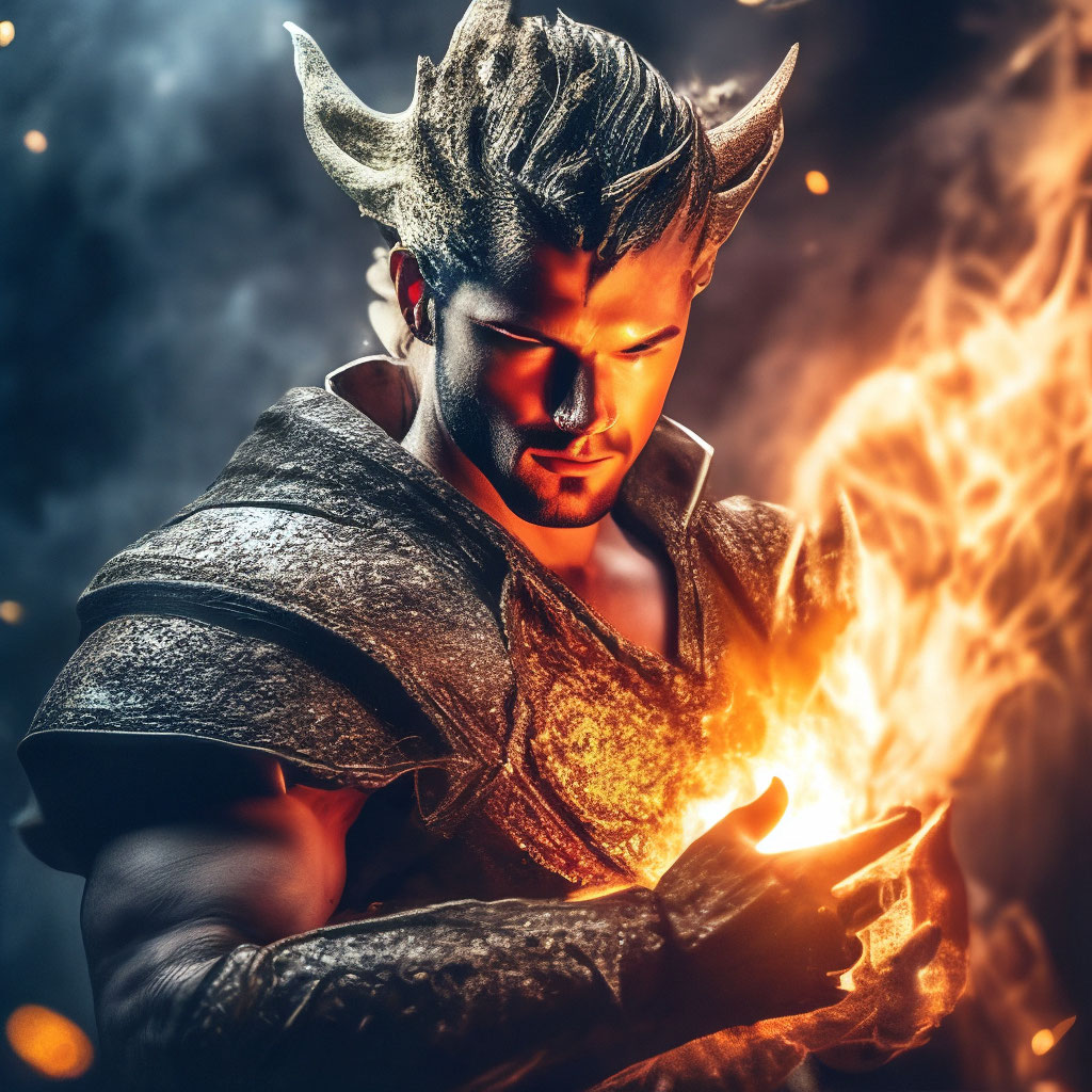 "Dragon man, fire inside him, soft lighting, realistic, professional ...