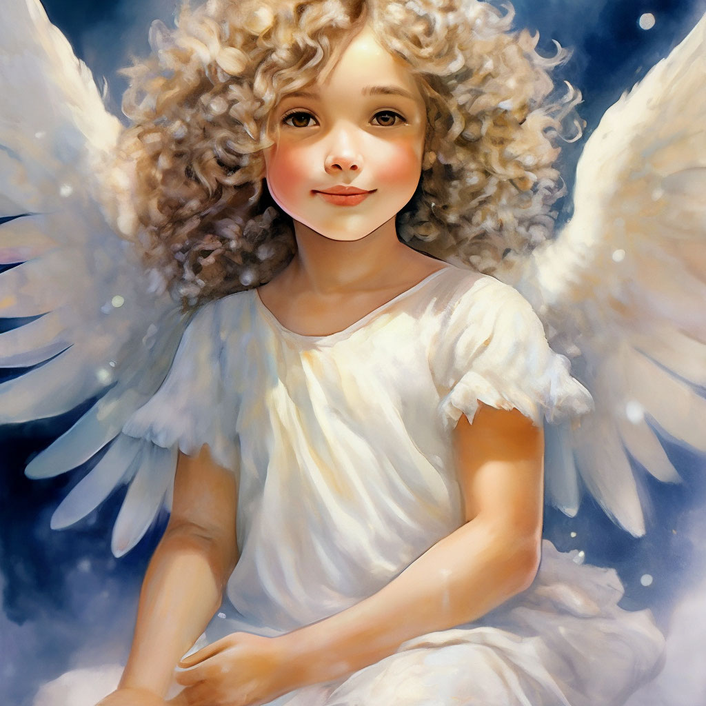 "A small curly-haired angel sits on a cloud, huge snow-white wings ...