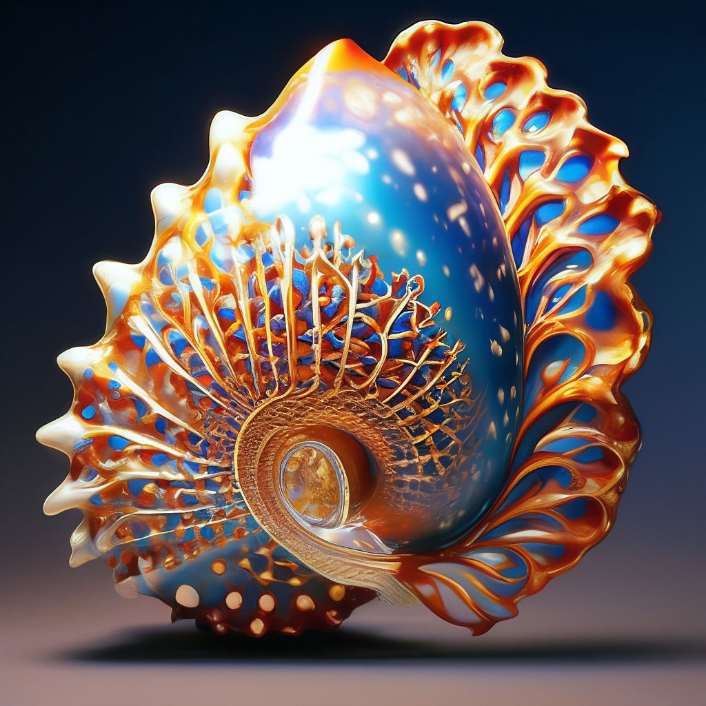 "Mythical shells, pearl, intricate patterns, galaxy, glare of light ...