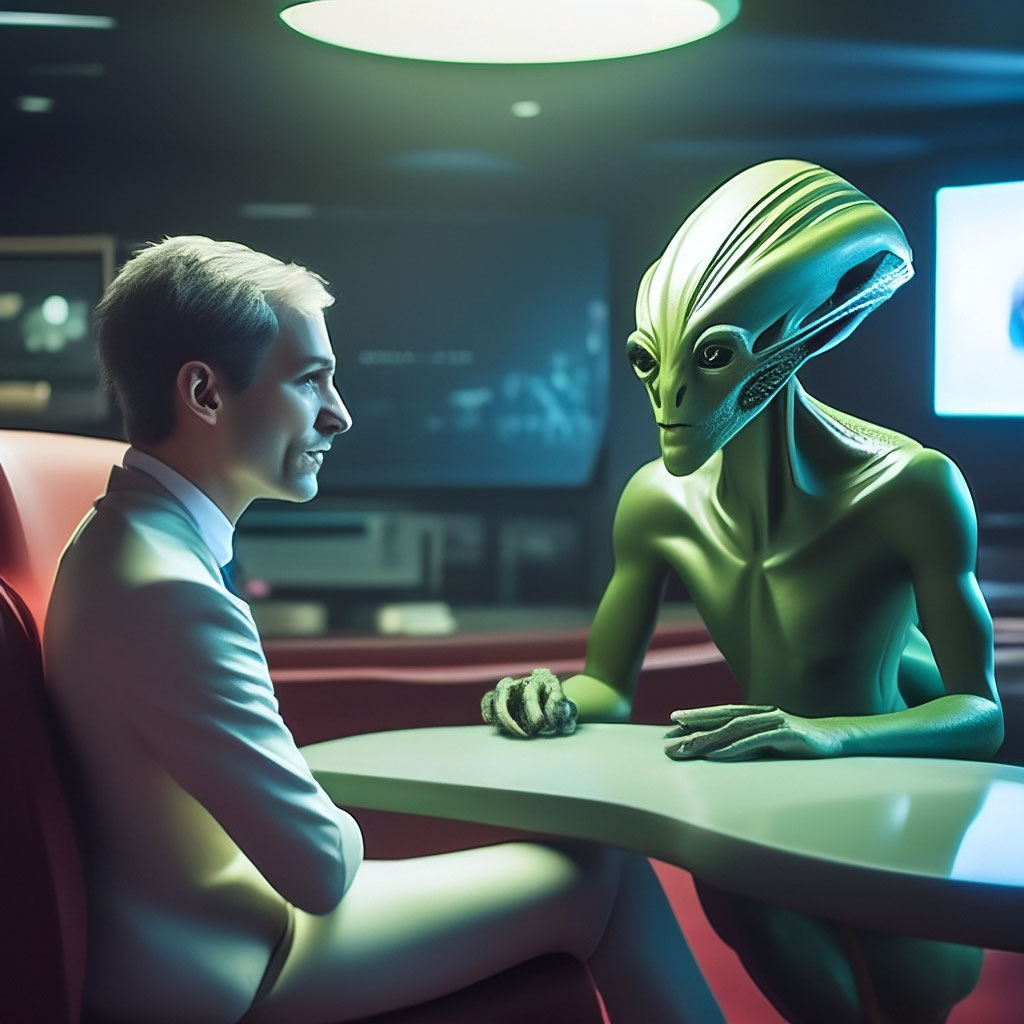 "Interview with an alien. 👽👿👹" — image created in Shedevrum