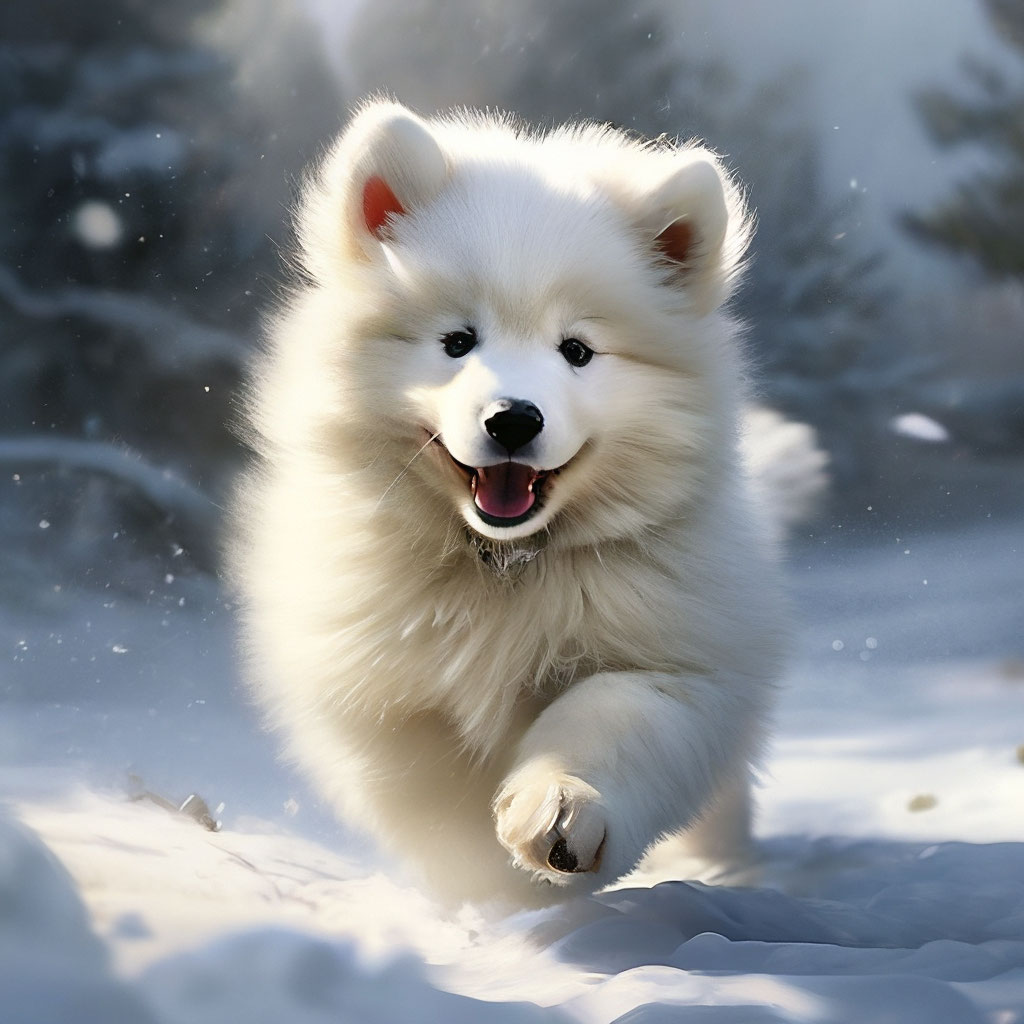 "Fluffy Samoyed puppy playing in fluffy snow, hyperrealism, detailing ...