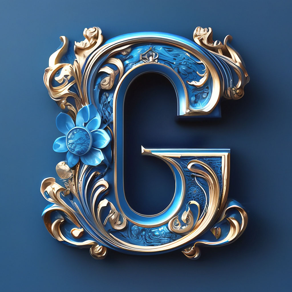 "On a dark blue shining background filigree letter "G", realistic, 3D ...