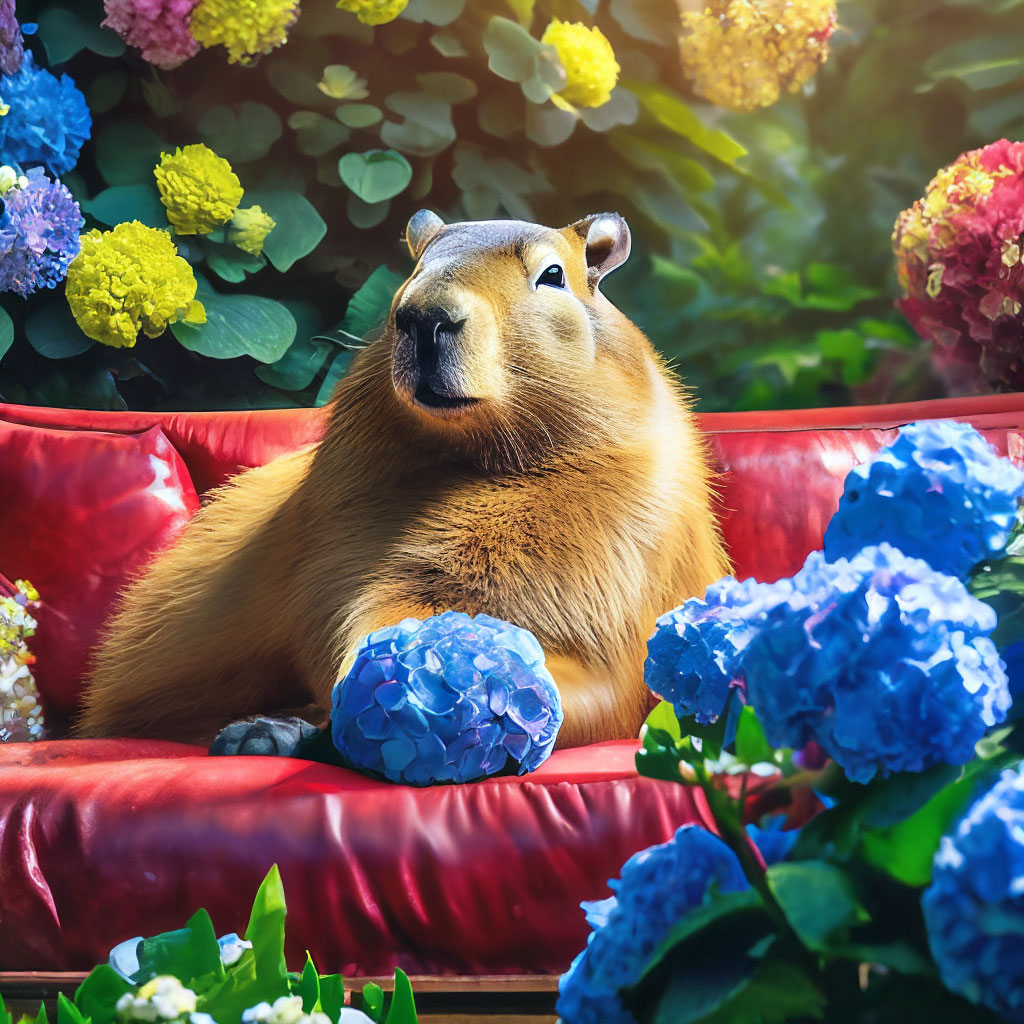 "Capybara resting on the sofa in the garden,hydrangea,blue,yellow,red ...