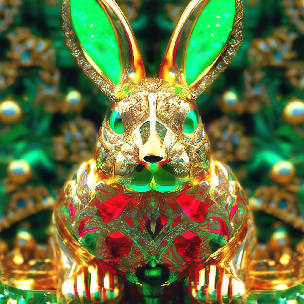 "Masterpiece! Neon gold-emerald rabbit, ruby pattern, fractal ...