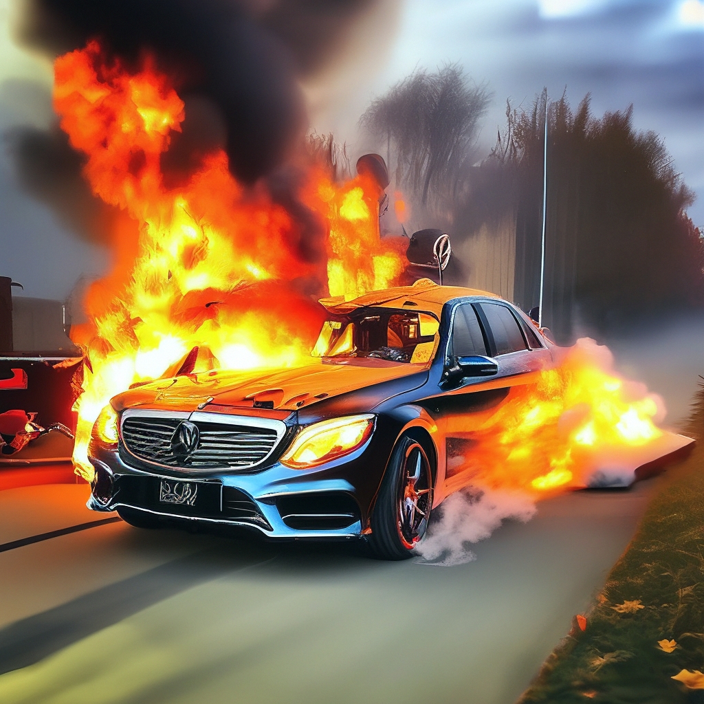 "Mercedes benz Car Bursts Into Flames" — image created in Shedevrum