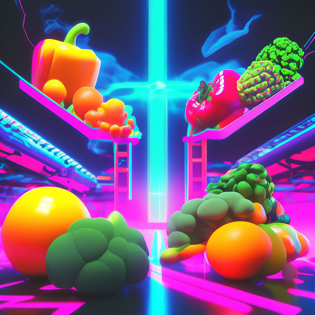 "The battle of vegetables with fruits" — image created in Shedevrum