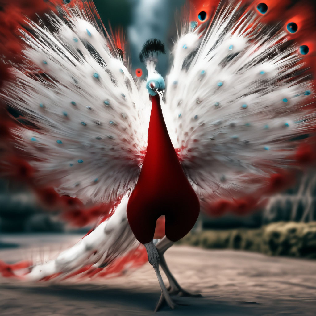 "An evil creep peacock with white and red feathers performs a kung fu ...