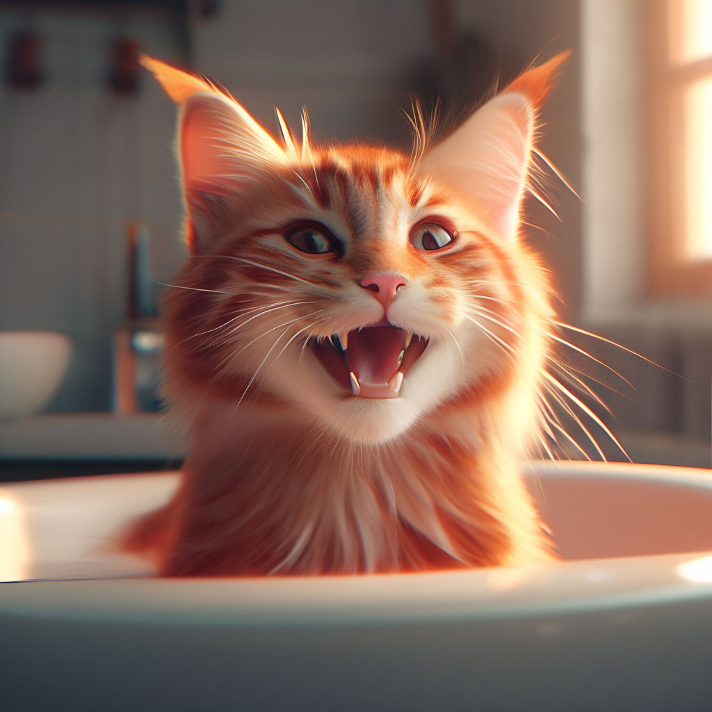 "Red cat smiles and bathes, beautiful, realistic, 4k, soft lighting ...