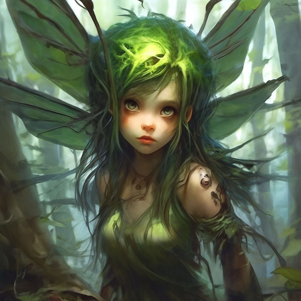 "Forest tree fairy, cute face, big beautiful eyes, green hair, fantasy ...