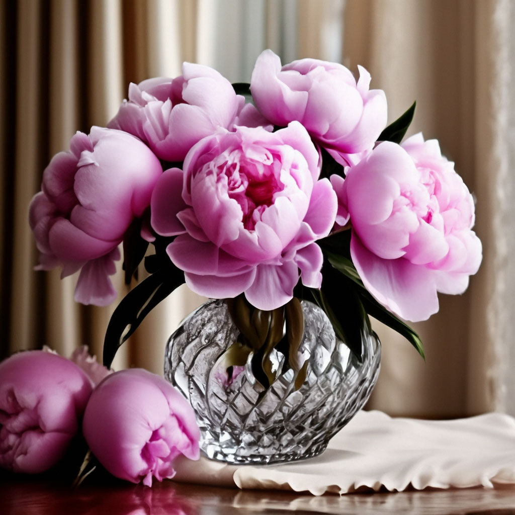 "Light purple peonies in a crystal carved vase on a table against the ...