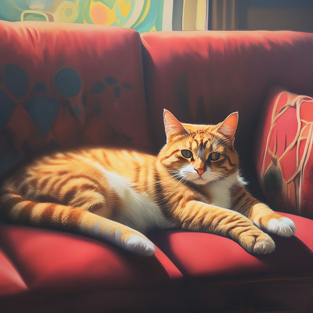 "The cat is chilling on the couch" — image created in Shedevrum