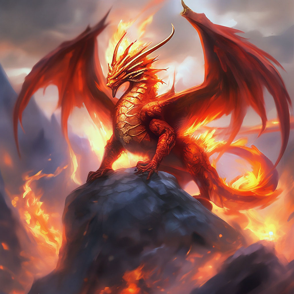 "🔮 Dragon of Fire, red-orange dragon with open wings, standing on a ...