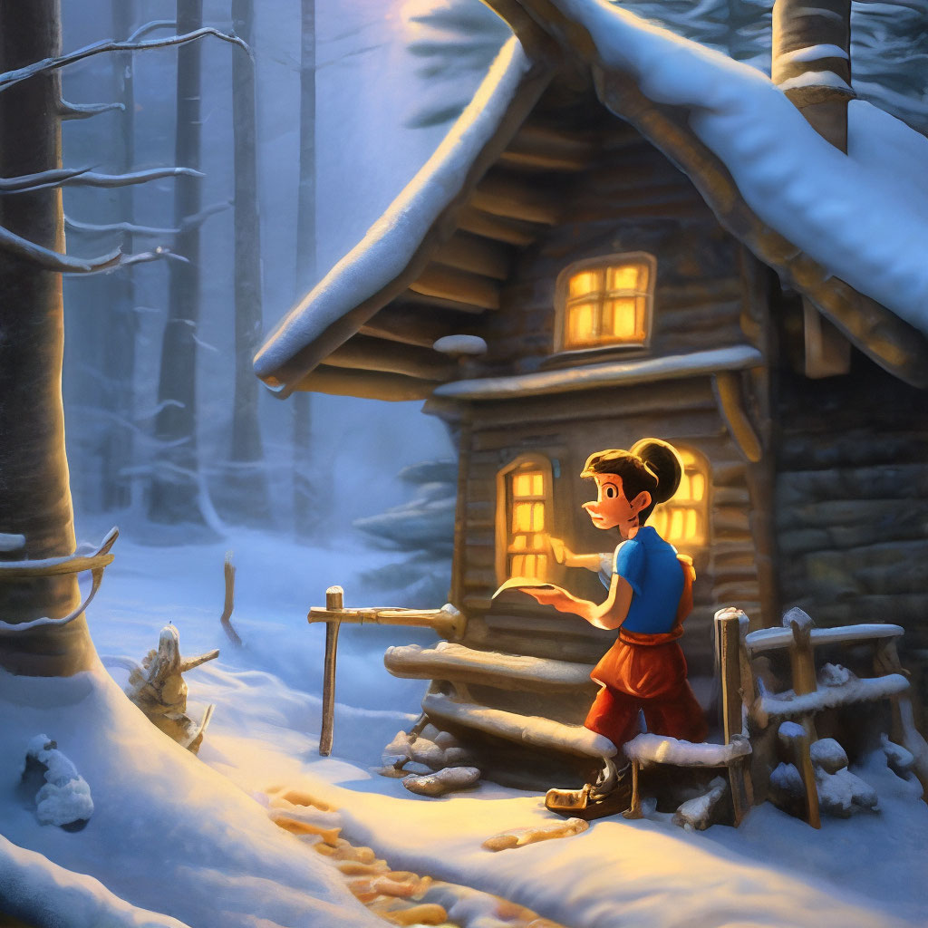 "Pinocchio looks out of the hut in the winter forest" — image created ...