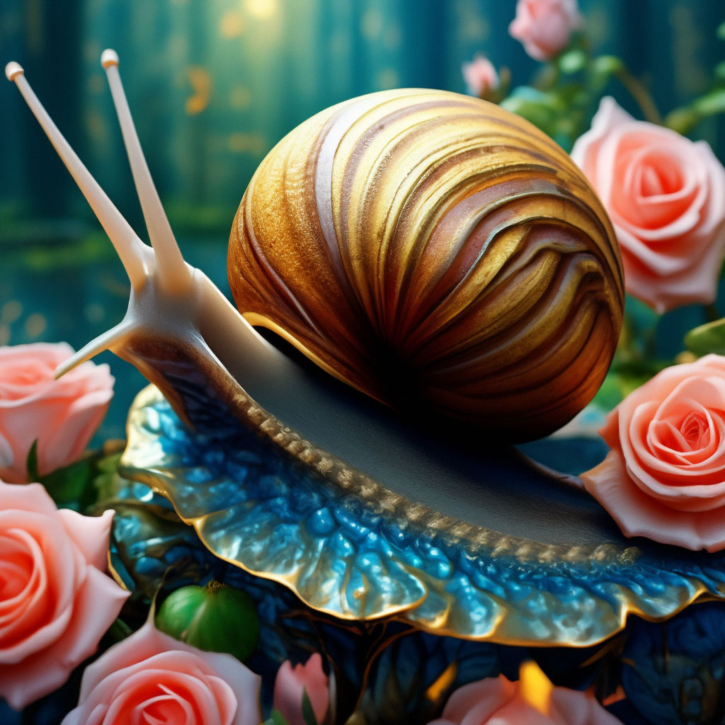 "Snail and roses incredibly drawn snail, rose bushes around, snail ...