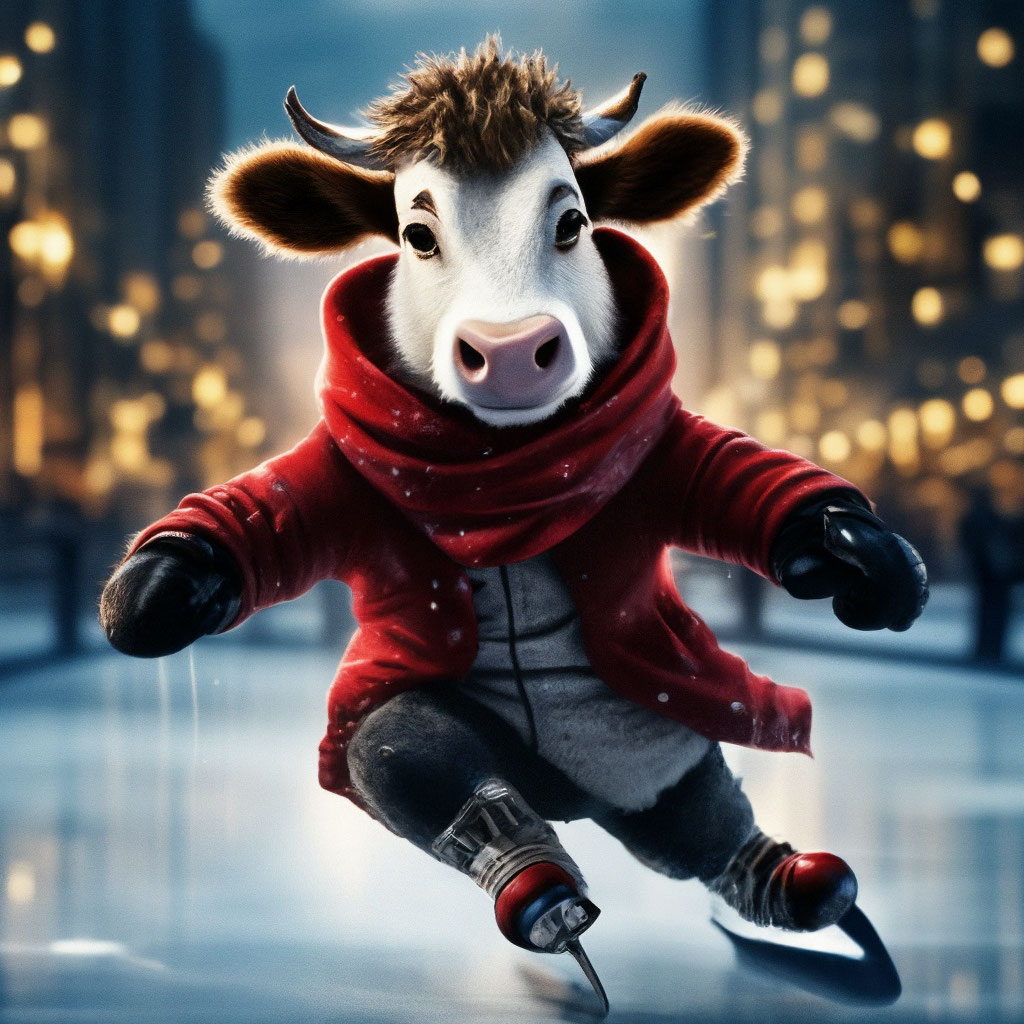 "Cow on ice. Anthropomorphic cow in a red scarf on skates with metal ...