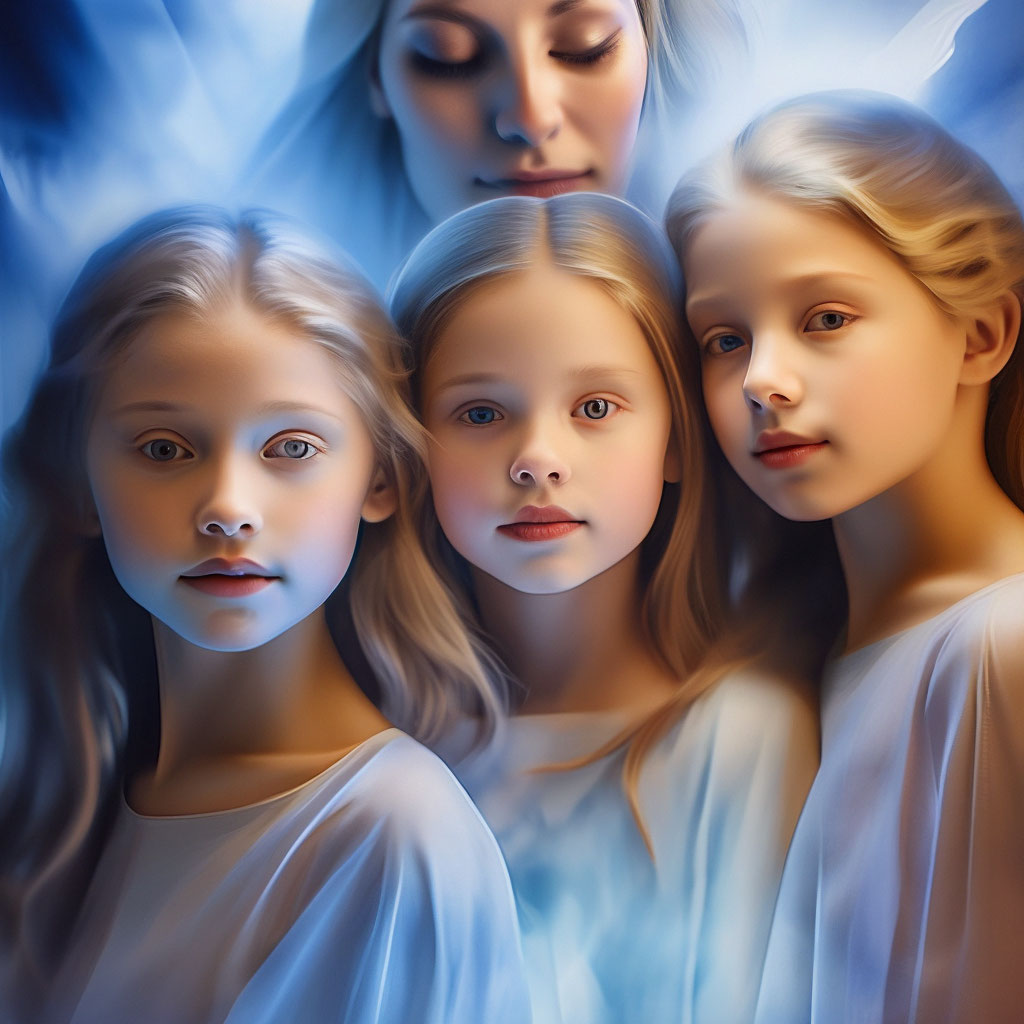 "Triple exposure.Watercolour.Detailed drawing. 3 ghostly glowing faces ...