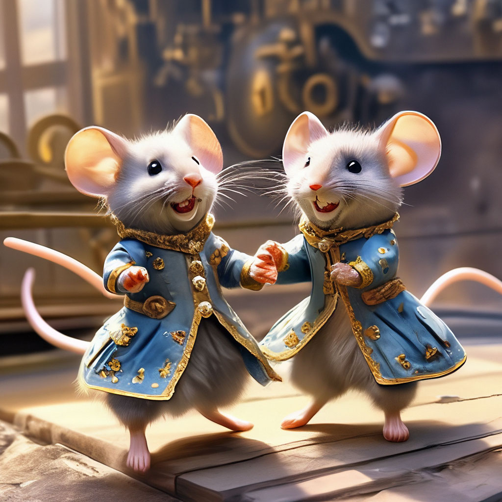 "Two little mice dancing together in beautiful outfits, a magnificent ...
