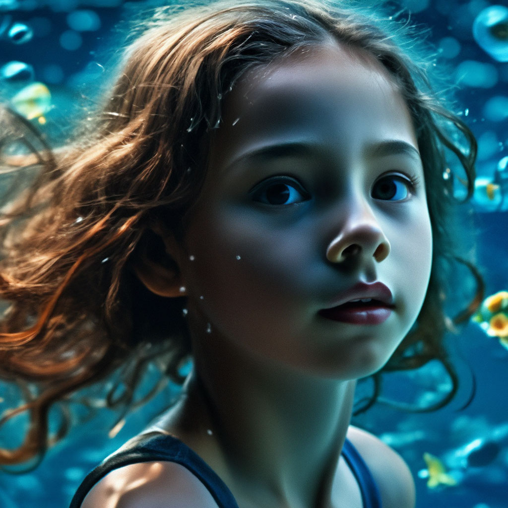 "Underwater girl about ten years old,night,stars,fish,air bubbles, ,4k ...