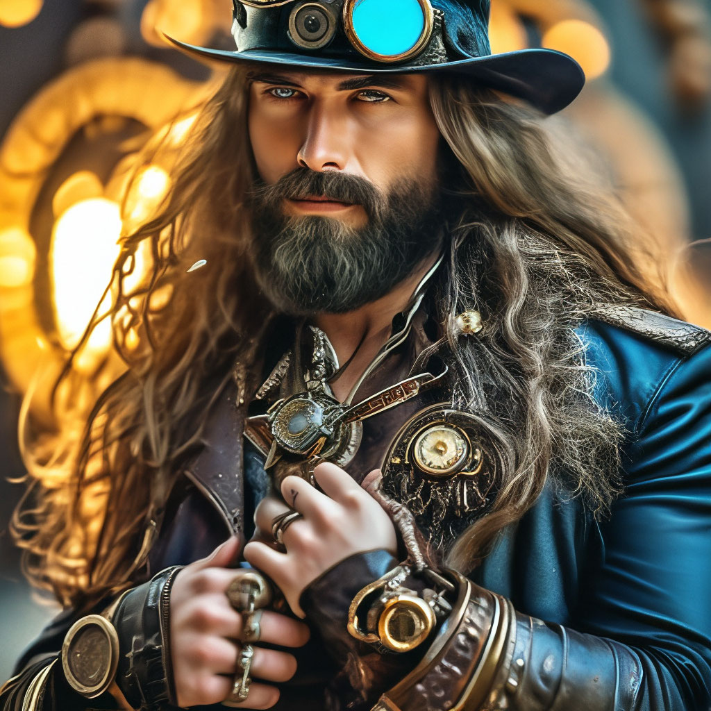 "Perfect man, European, with beard, long hair, brutal, hat, manly ...