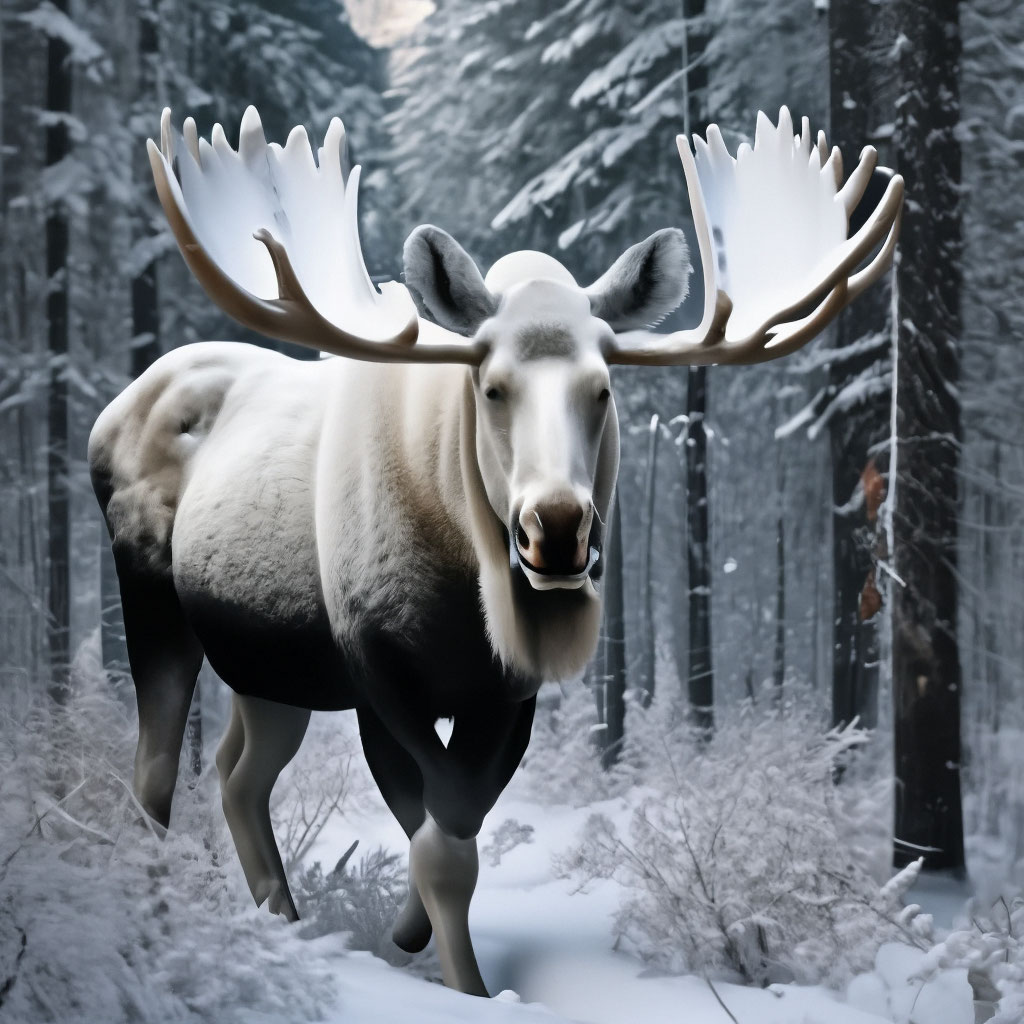"A snow-white moose with big horns, snow-covered, wanders through the ...