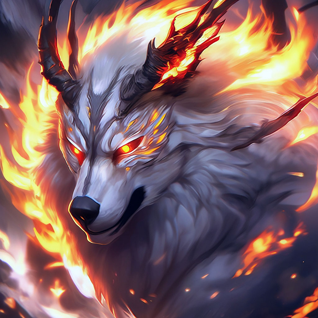 "Wolf with twisted horns, wolf and lion hybrid, twisted horns, fireball ...
