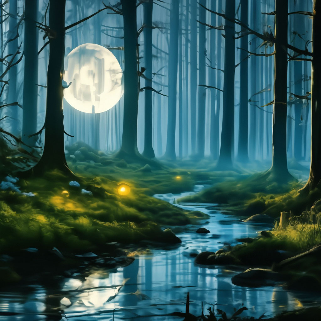 "Hyperrealism bright full moon dark fairy tale forest settled fog rgb ...