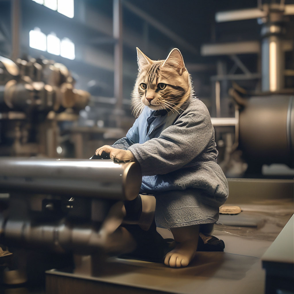 "A dirty anthropomorphic cat works at a factory, stands behind a lathe ...