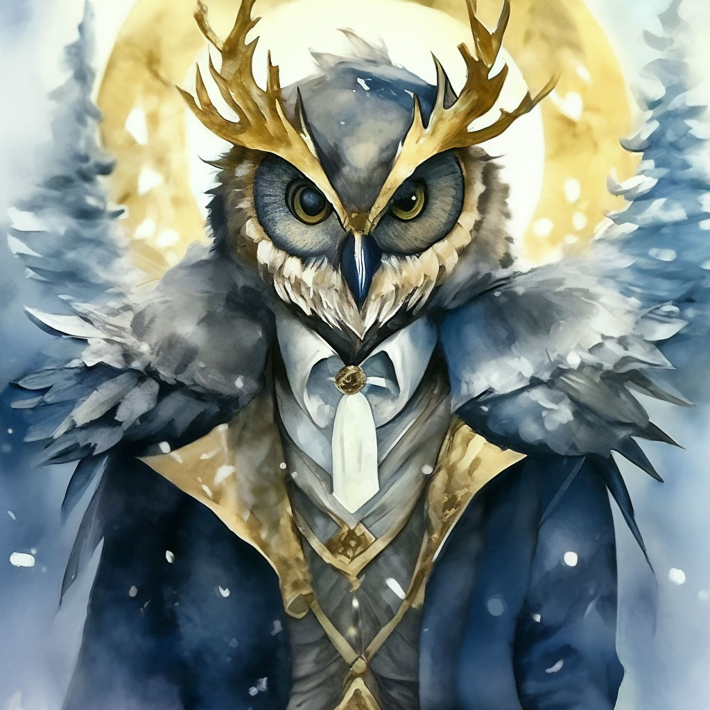 "Owl prince, man in a golden mask, elegant, huge wings, cunning ...