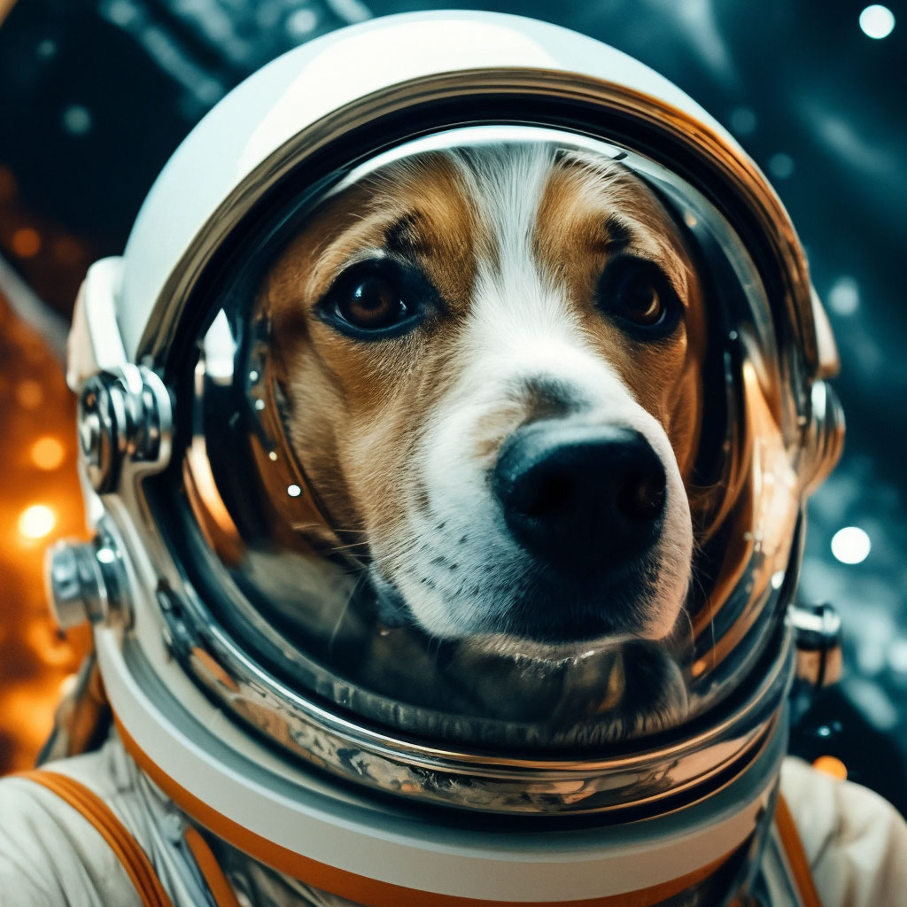 "A dog in a sealed spacesuit,flying in space,the muzzle is visible ...