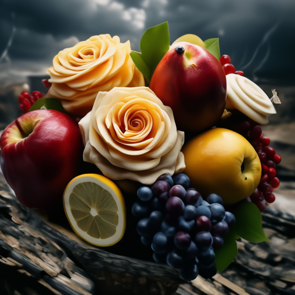 "Hyperrealism.they presented a bouquet of fruits and sweets." — image ...