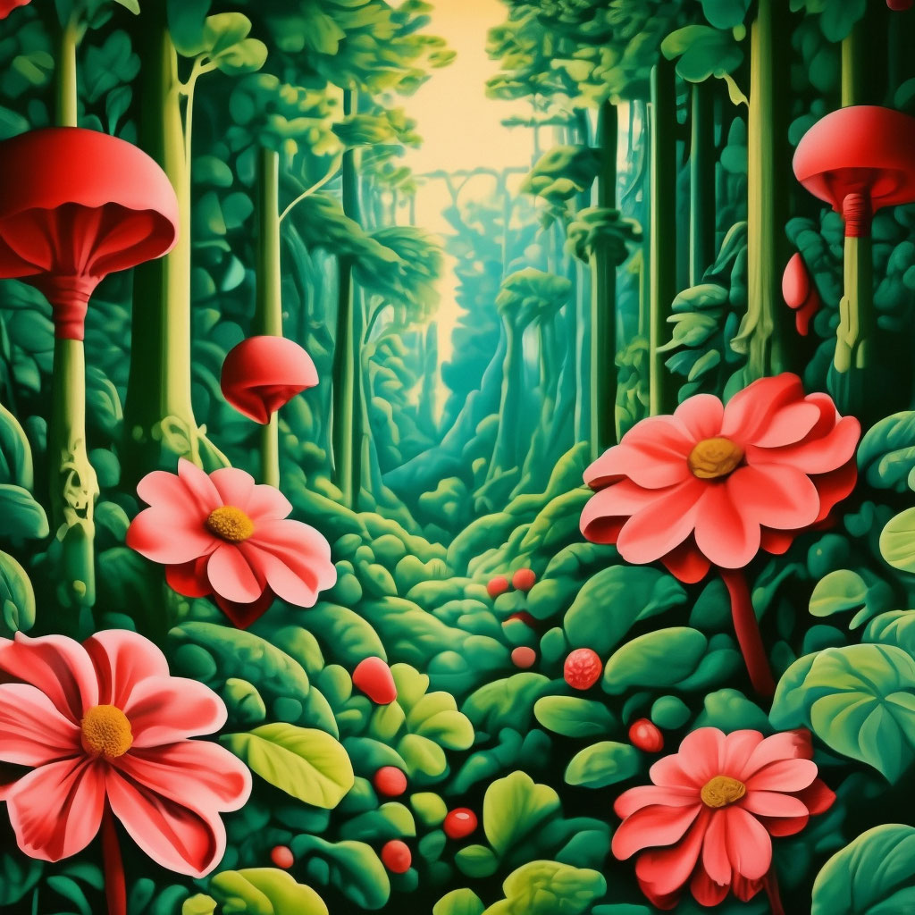 "A fabulous forest with huge leaves, flowers, berries surrealism ...